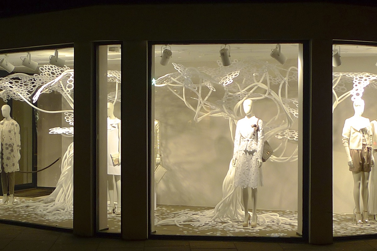 White foam PVC routered to create retail window display.